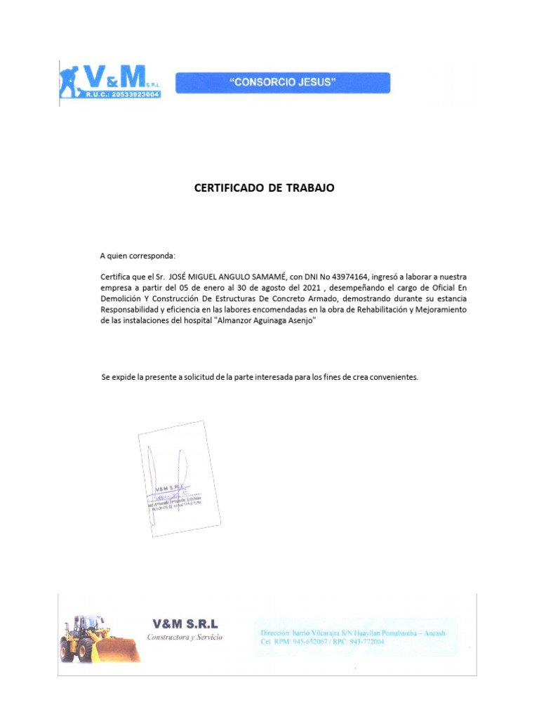 Certificado de Tanajo Vym | PDF