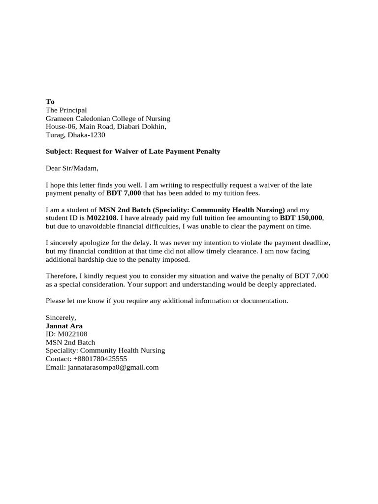 Late Fee Waiver Request for Tuition | PDF
