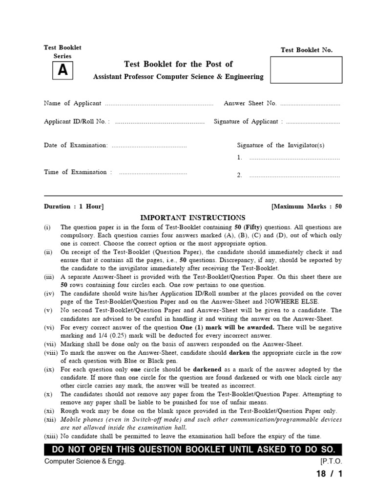 Test Booklet For The Post of Assistant Professor Computer Science and ...