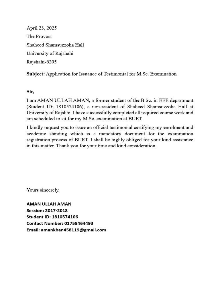 Application for Testimonial | PDF