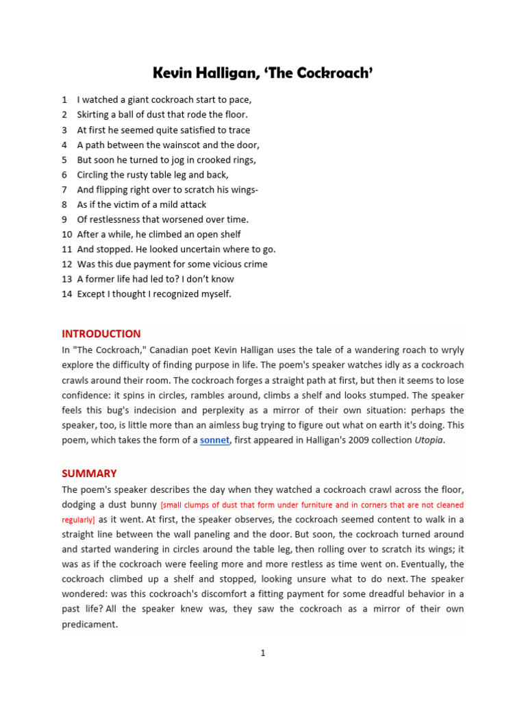 Halligan's "The Cockroach": A Poetic Analysis | PDF | Metre (Poetry ...