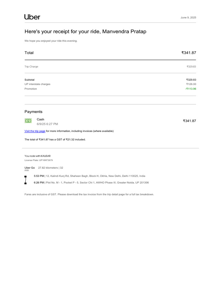 Uber Ride Receipt with Interstate Charges | PDF