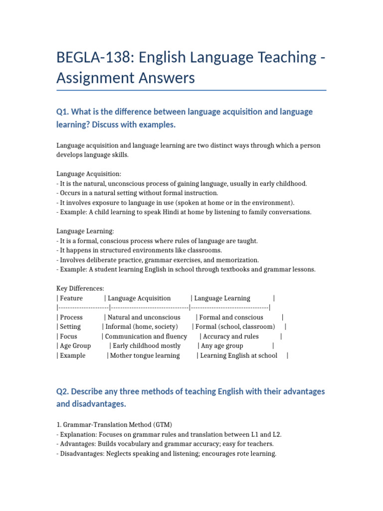 BEGLA-138 Assignment Answers Detailed | PDF | Phonics | Fluency