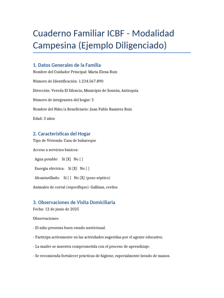 Cuaderno Familiar ICBF Ejemplo Diligenciado | PDF