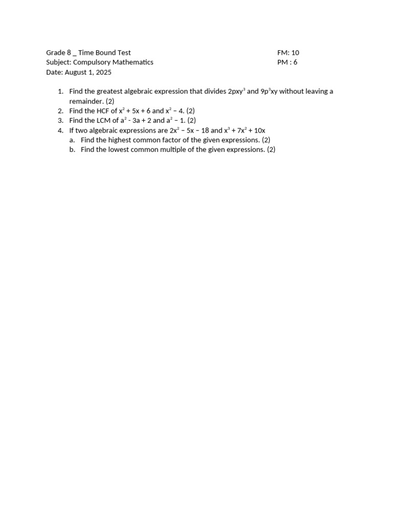 Algebraic Expressions Test for Grade 8 | PDF