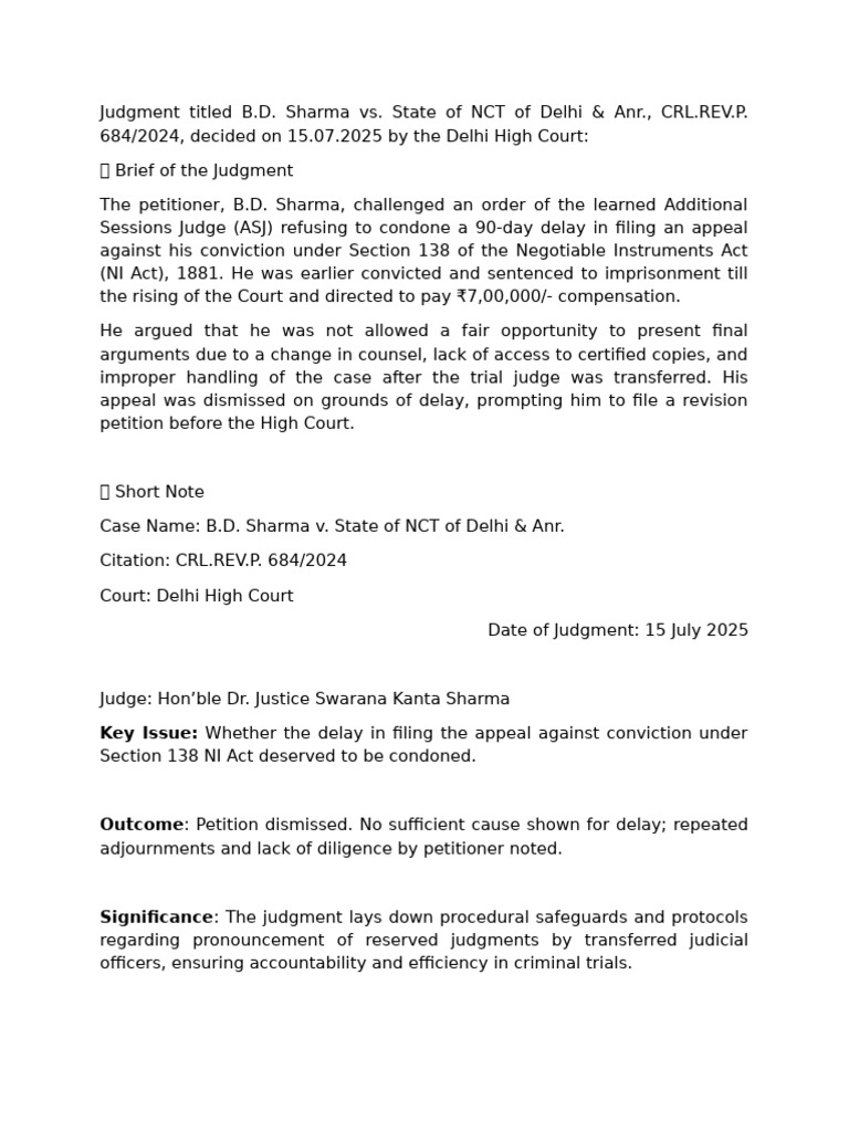 Brief of The Judgment B D Sharma vs. State of NCT of Delhi & Anr | PDF | Judgment (Law) | Judge