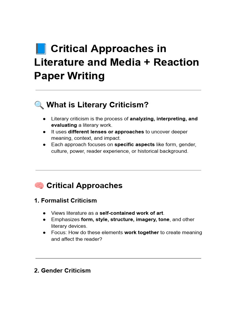 ? Critical Approaches in Literature and Media + Reaction Paper Writing ...