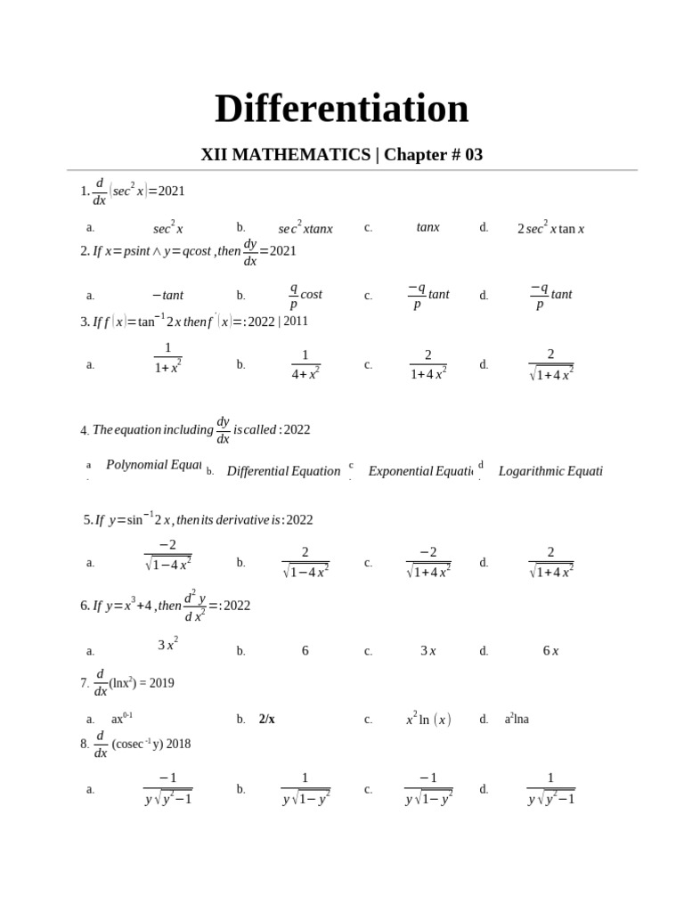 XII-CHAPTER 03 Differentiation | PDF | Functions And Mappings ...