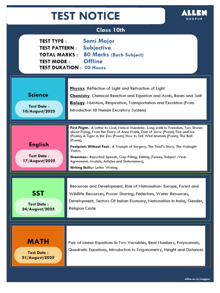 Class 10 Semi Major Test Notice | PDF