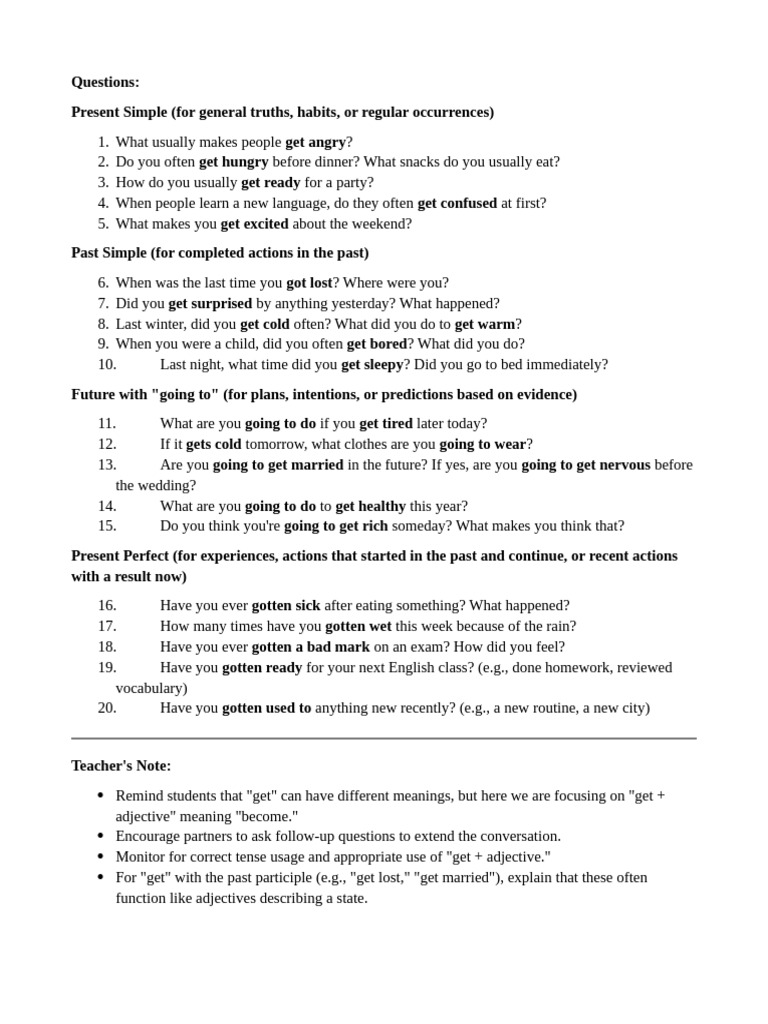 "Exercises on 'Get' with Adjectives" | PDF | Linguistics