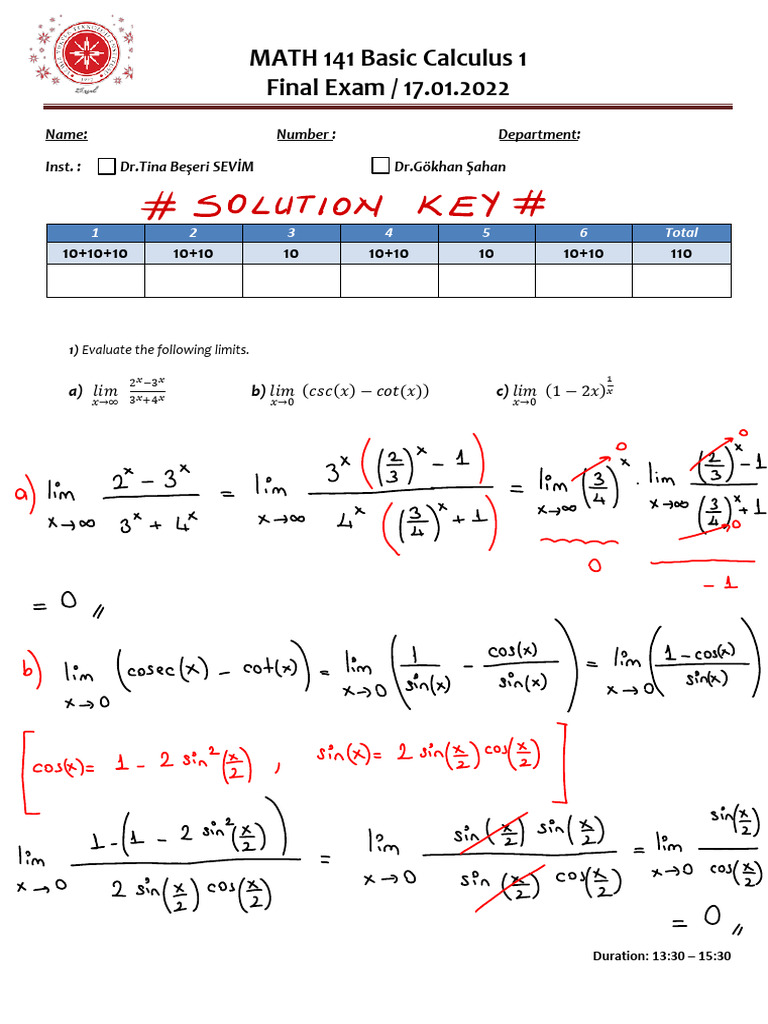 Solution Key of Math 141 Final Exam_2021 Fall | PDF | Functions And Mappings | Mathematical Concepts