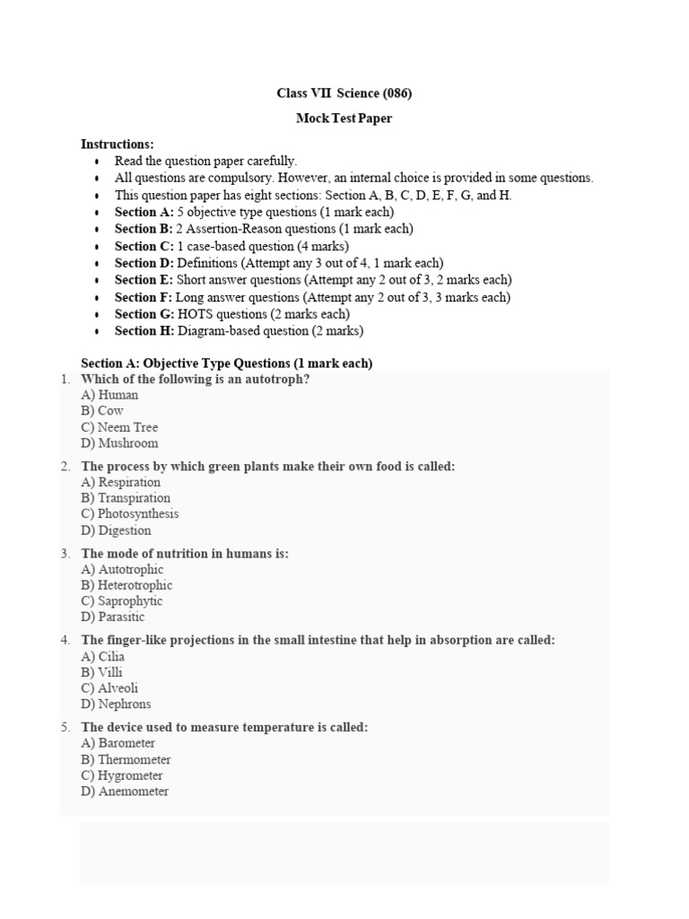 Class VII Science Mock Test ... | PDF | Plants | Biology
