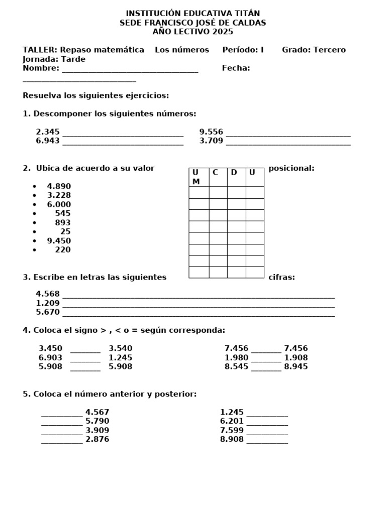 Taller Repaso Matematica I Periodo | PDF