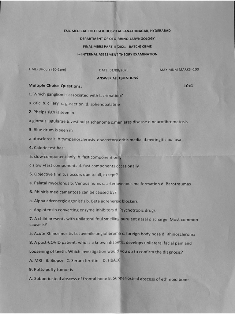 ENT Esic Internal Paper | PDF