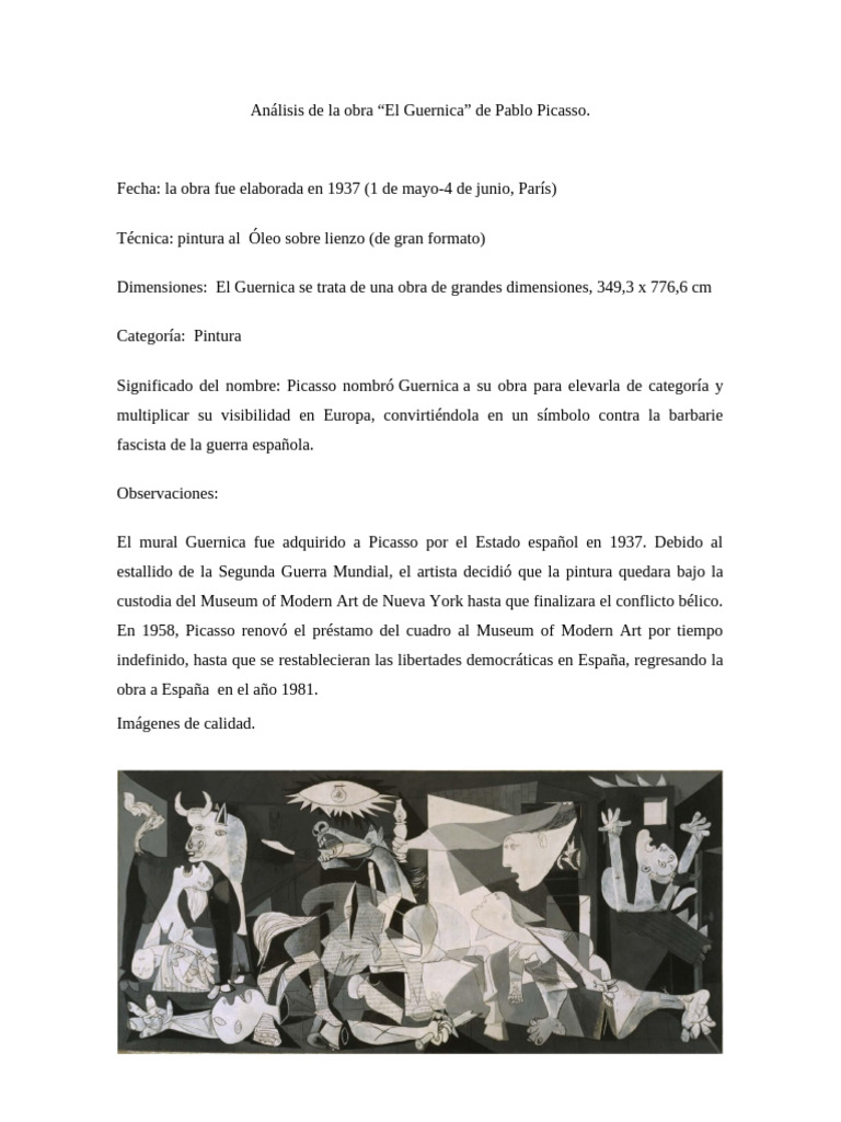 Act Formativa Analisis Guernica Pablo Picasso, Por Roxana Casanova | PDF
