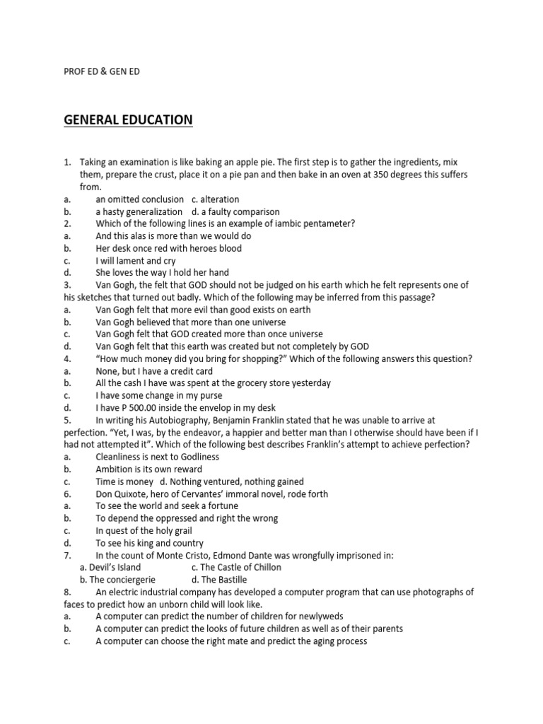 General Education Exam Practice Questions | PDF | Gases | Water