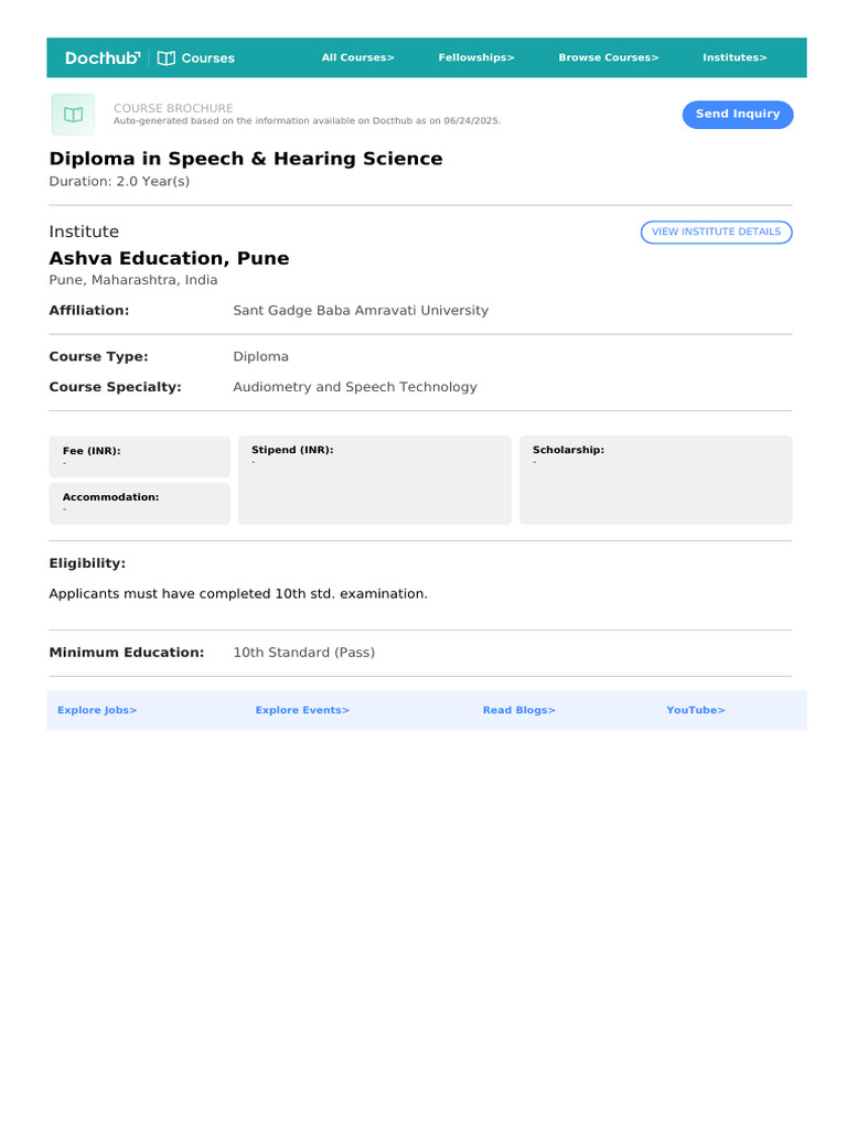 Diploma in Speech & Hearing Science: Institute | PDF