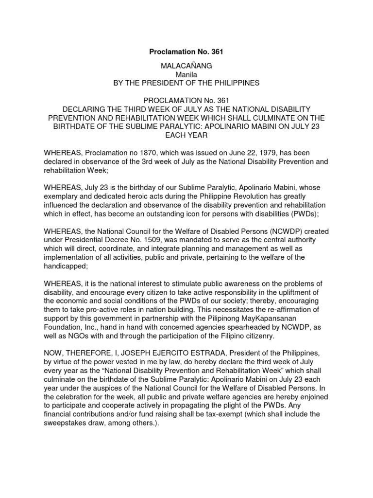Proclamation No. 361, 2000 | PDF | President Of The Philippines | World ...