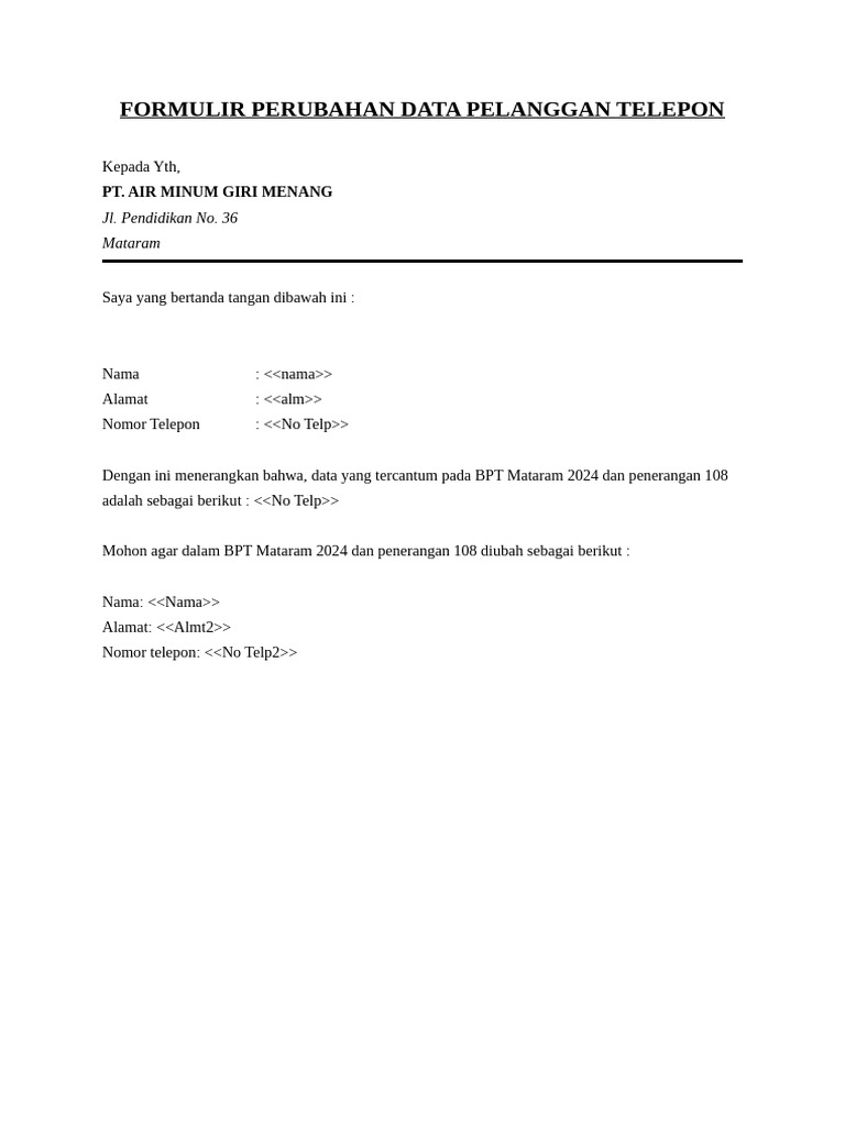 Formulir Perubahan Data Pelanggan Telepon | PDF