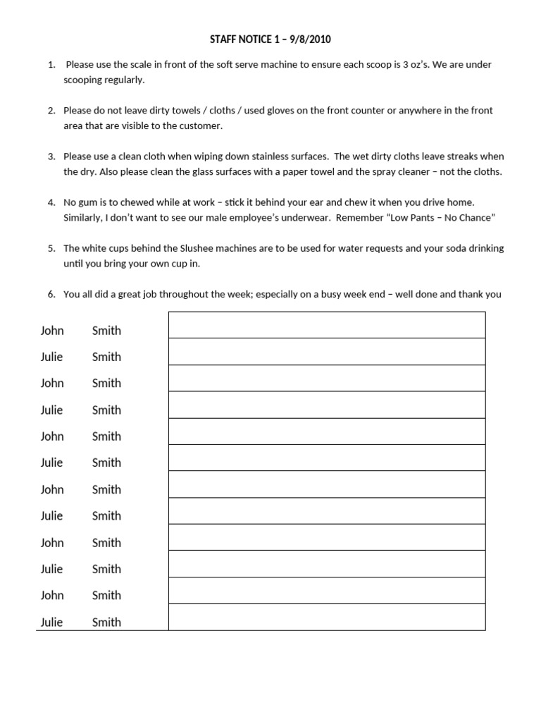 Staff Hygiene and Service Guidelines | PDF
