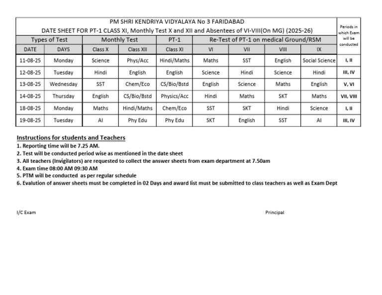 PT-1 Exam Schedule for Classes VI-XII 2025 | PDF