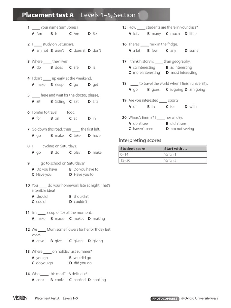 Placement Test A: Levels 1-5 | PDF