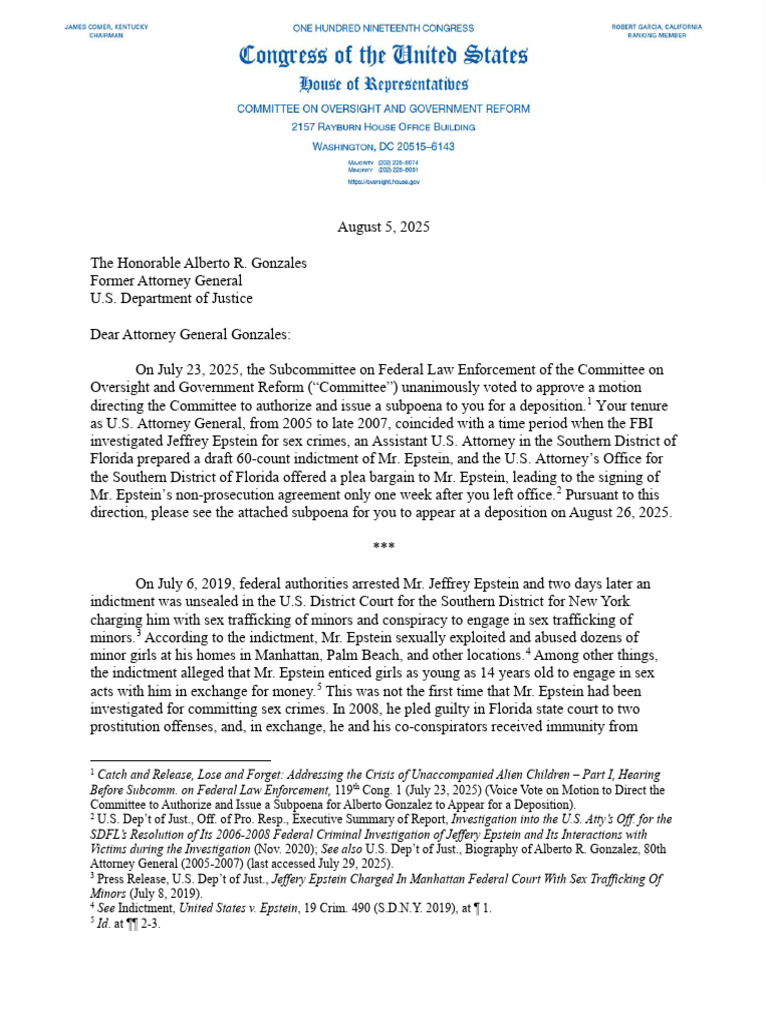 2025.08.05 Subpoena Cover Letters | PDF | United States House Committee ...