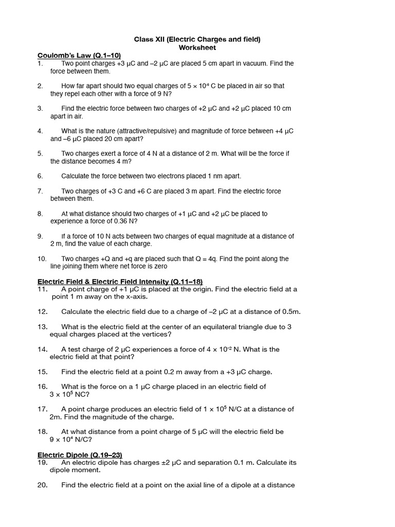 Worksheet Electric Charges and Field | PDF | Electric Field | Sphere