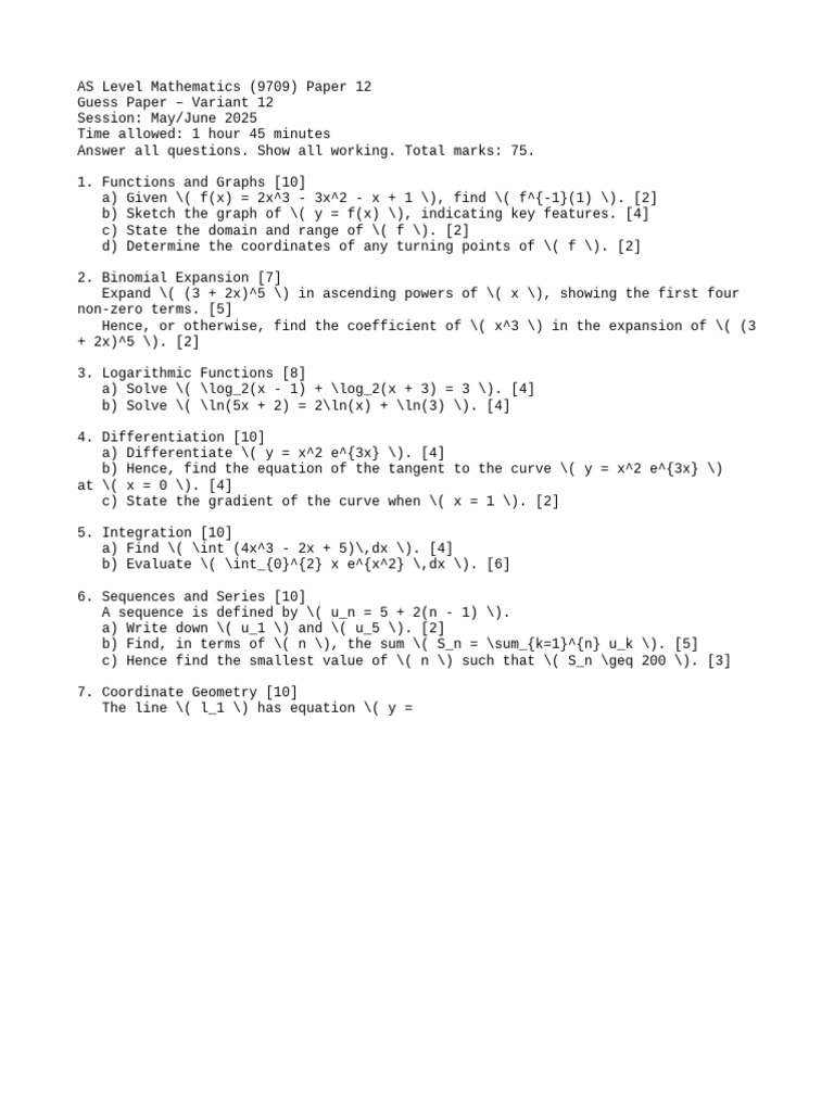 As Level Math Paper 12 Guess Paper May June 2025 | PDF