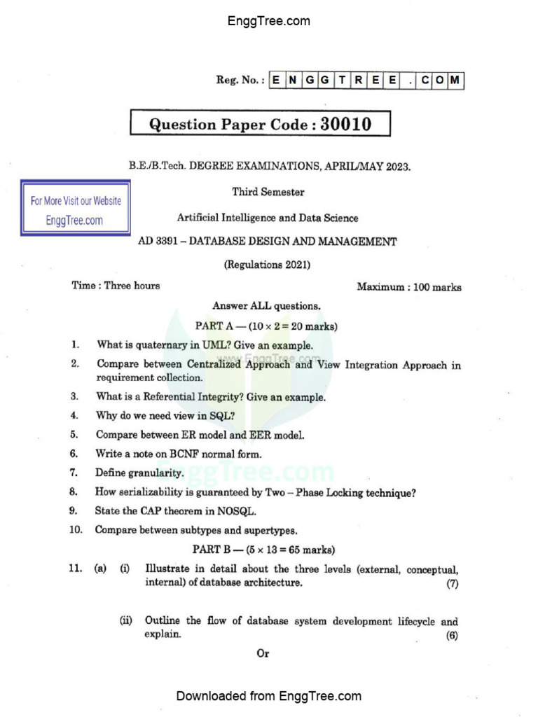 AD3391 Database Design and Management Apr May 2023 Question Paper Download | PDF