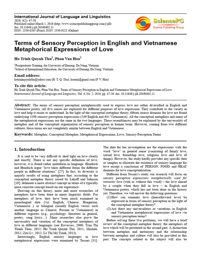 Sensory Perception in Love Metaphors | PDF | Metaphor | Senses