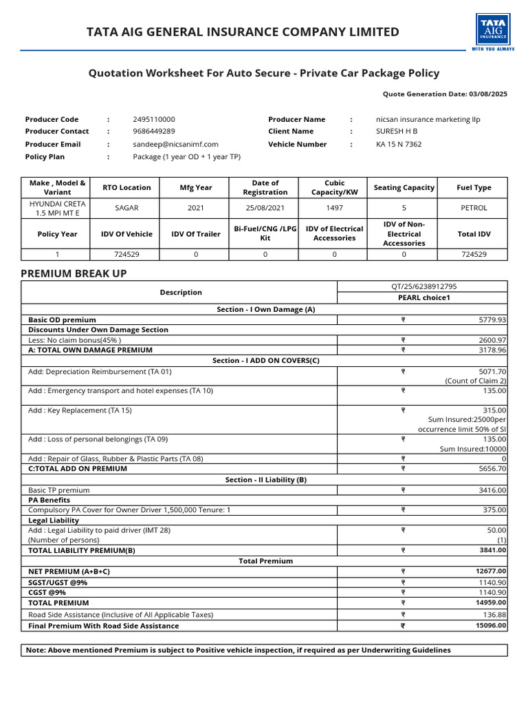 Tata AIG Motor Premium Quote - 3184 - QT256238912795 | PDF | Insurance ...