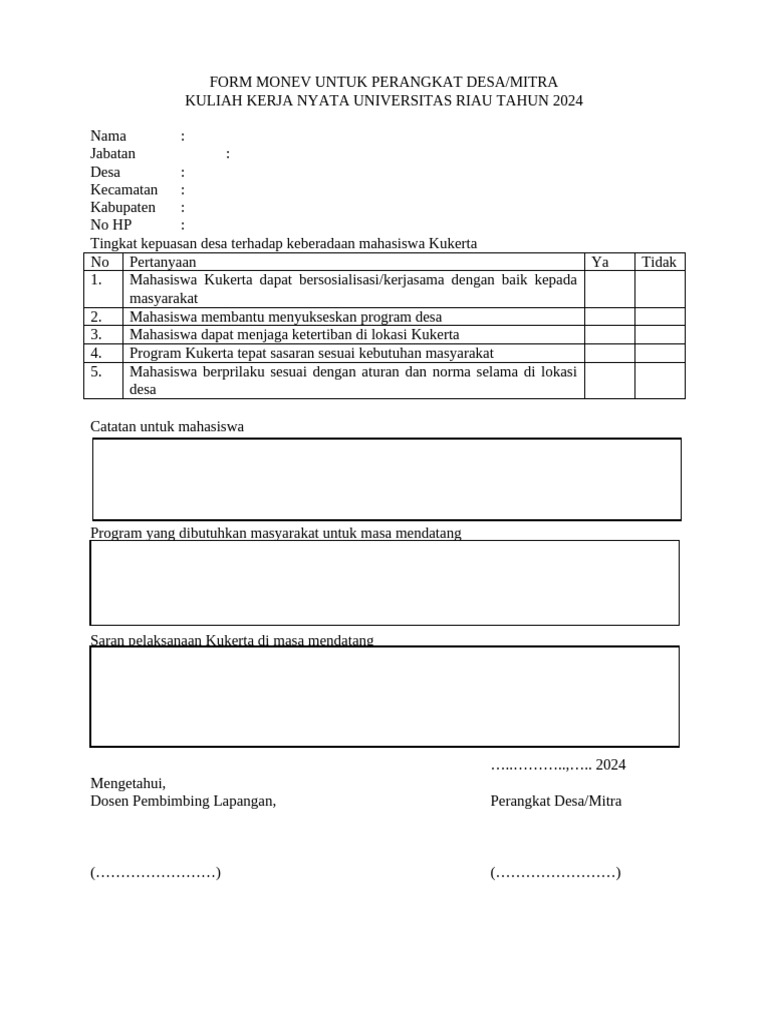 Formulir Monev Kukerta 2024 Desa | PDF