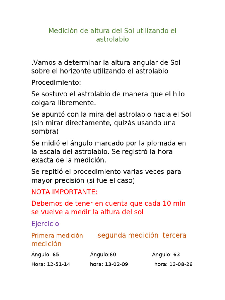 Medición de altura solar con astrolabio | PDF