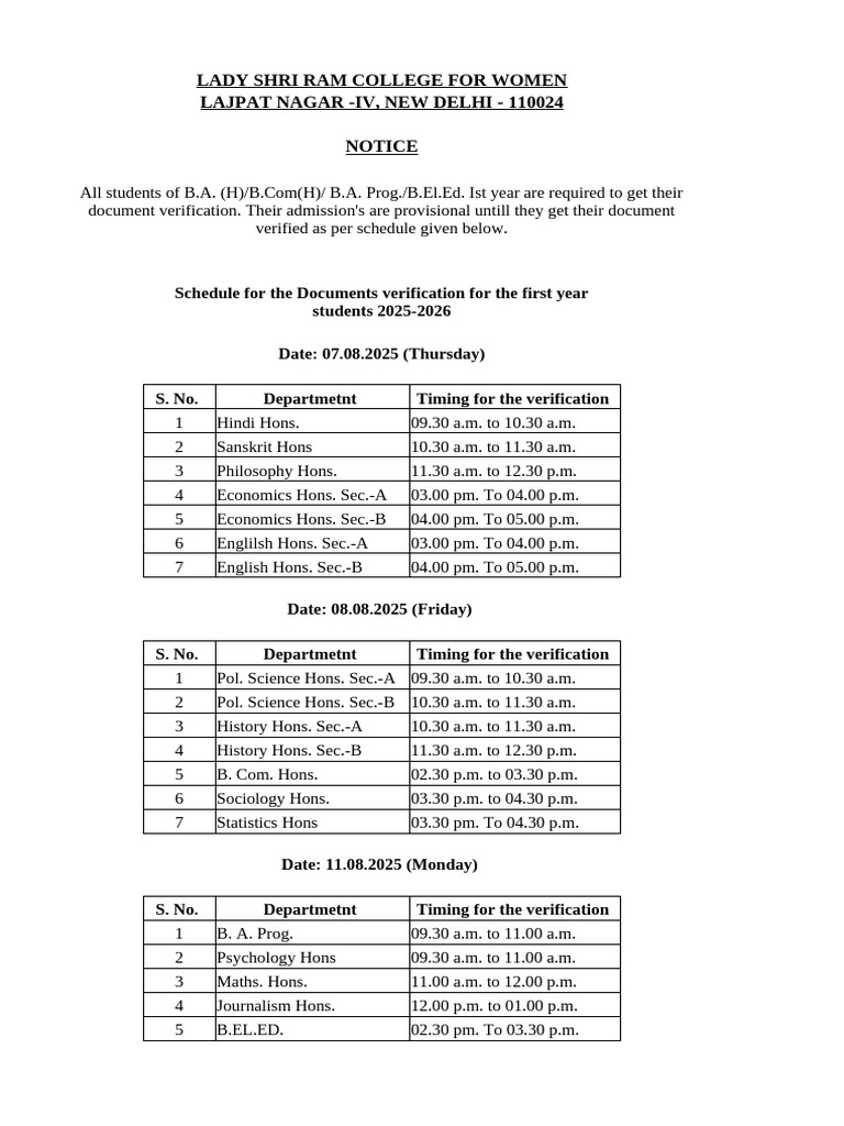 Document Verification Schedule 2025-26 | PDF