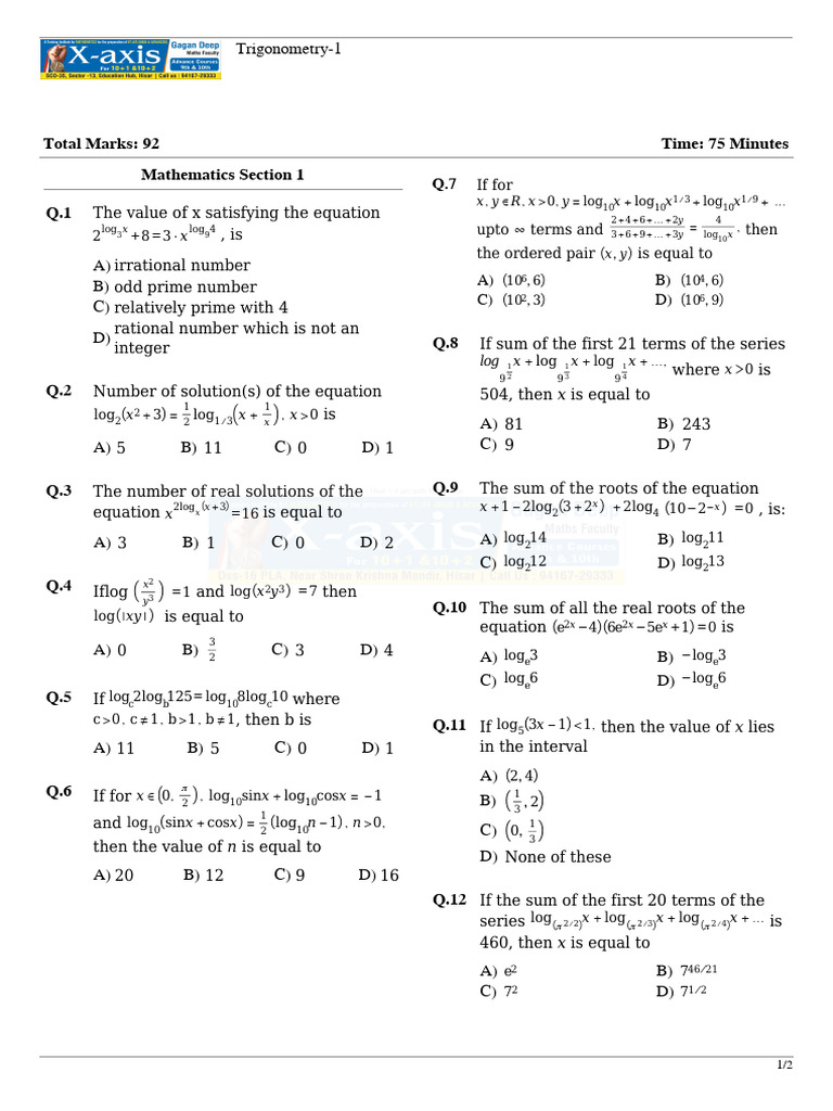 Logarithms-1-784576-2025-07-07 14 - 57 - 27-Question-Paper | PDF | Numbers | Elementary Mathematics
