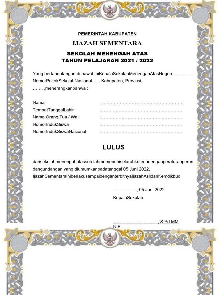 700529169 Format Ijazah SMA Docx | PDF