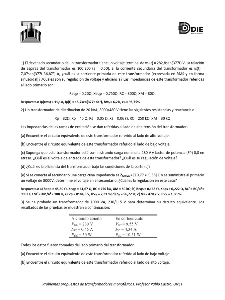 Problemas Trafos PC 20251 | PDF | Transformador | Energia electrica