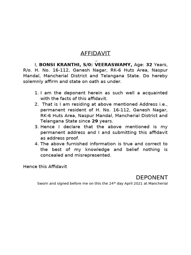 Residetial and Address Proof Affidavit Date 23.04.021 | PDF