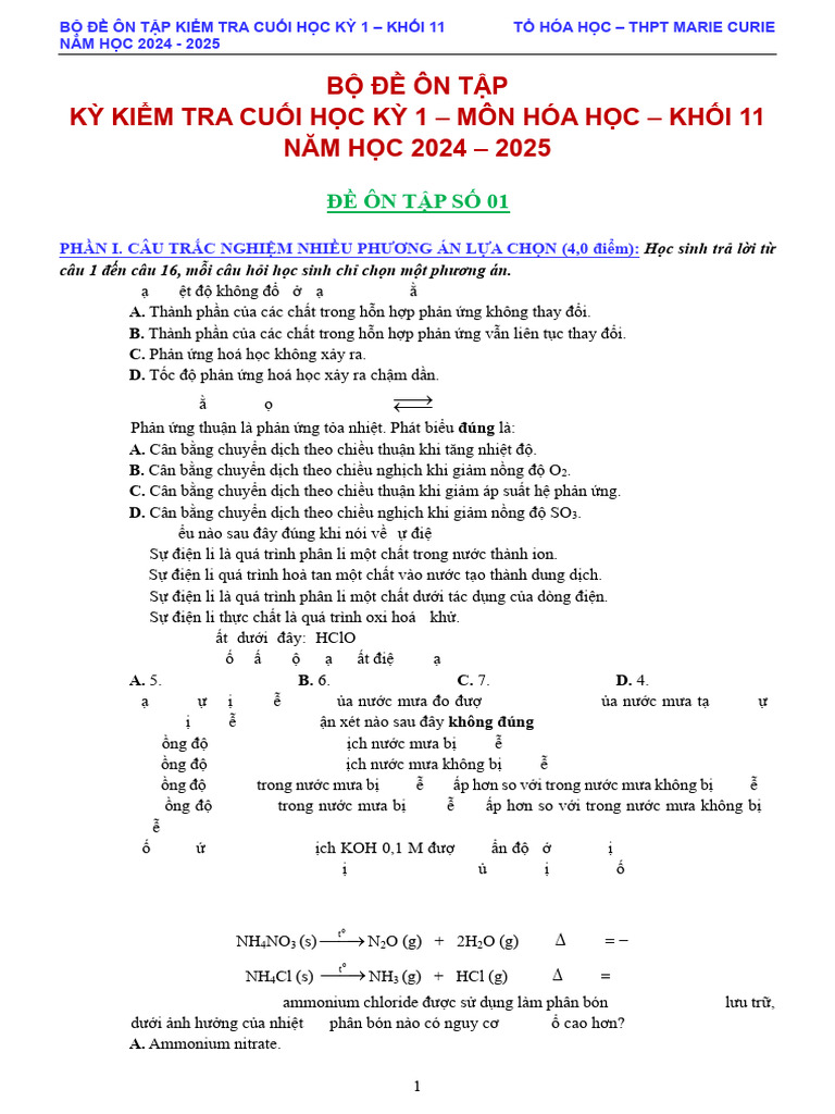 ĐỀ ÔN TẬP KT CUỐI HK1 - HÓA 11 - 2024-2025 - HS | PDF