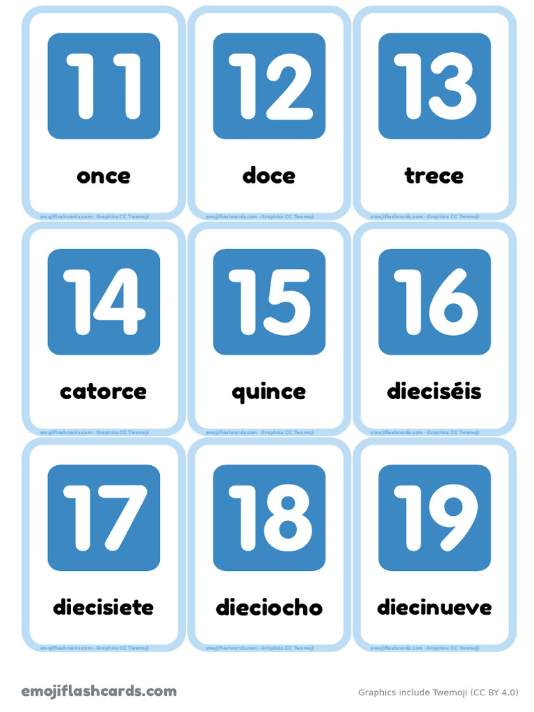 Spanish Numbers 11 20 Small a4 Flashcards | PDF