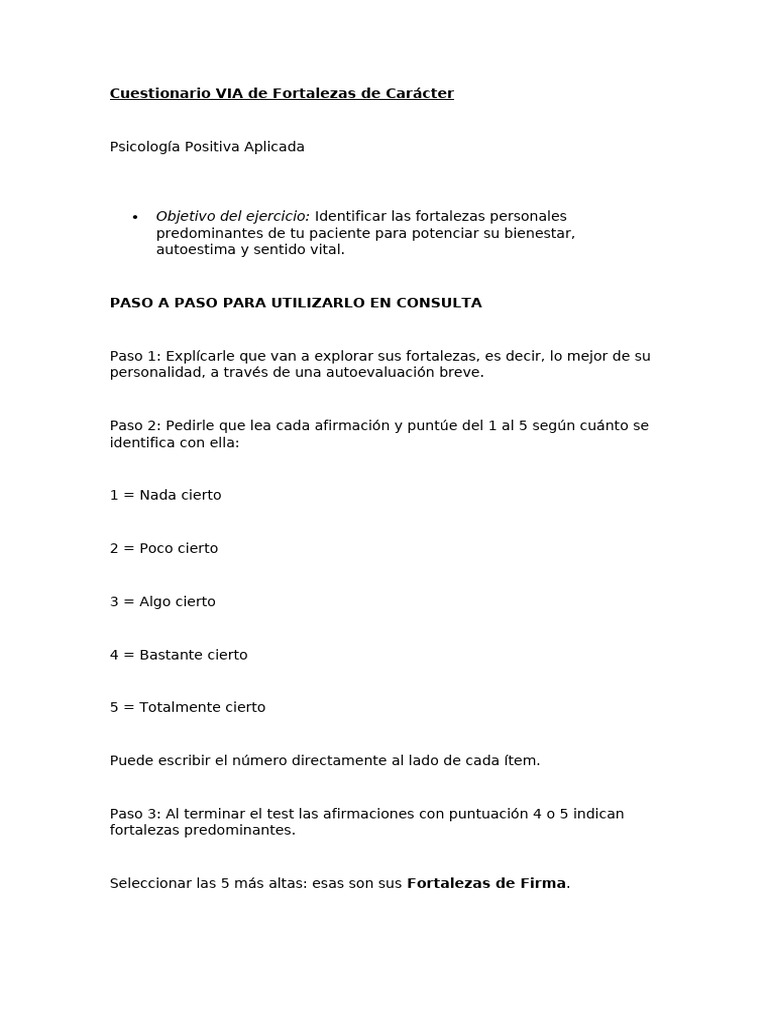 Cuestionario Via de Fortalezas de Carácter | PDF | Amor | Sicología