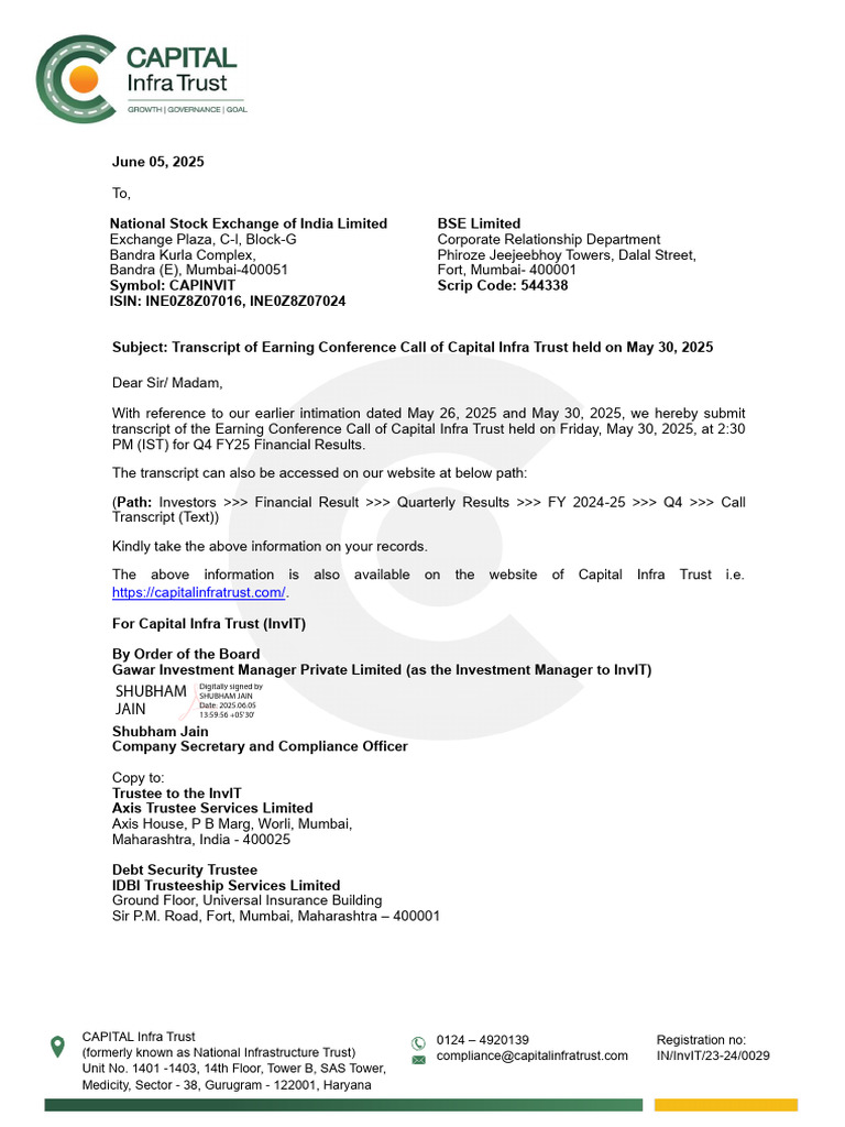 CAPINVIT 05062025140455 SE Intimation Transcript | PDF | Debt | Dividend