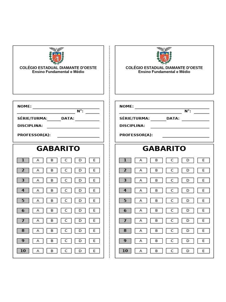 Modelo de Gabarito 2 Vias 10 Questoes Tainara | PDF | Microsoft Excel ...