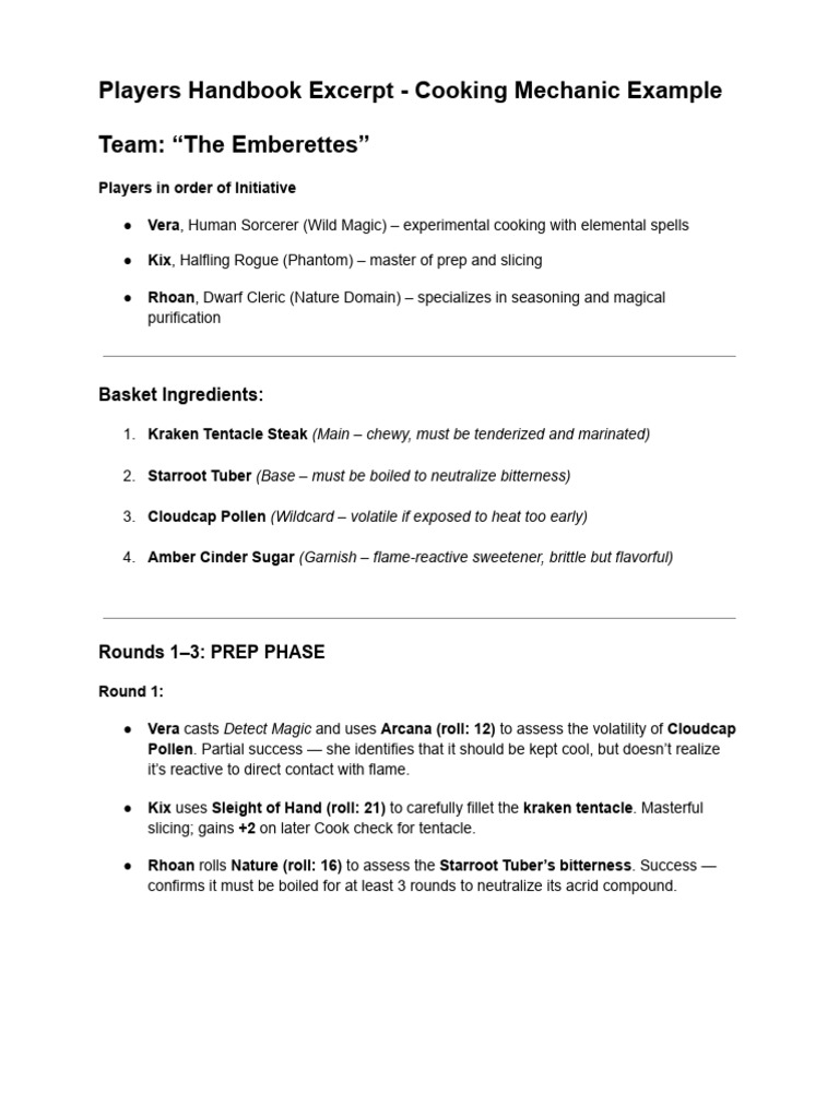 Players Handbook Excerpt - Cooking Mechanic Example | PDF | Foods | Cooking