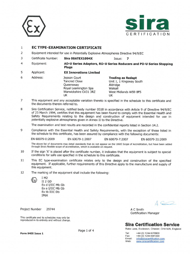 Sira 00 ATEX1094 X | PDF