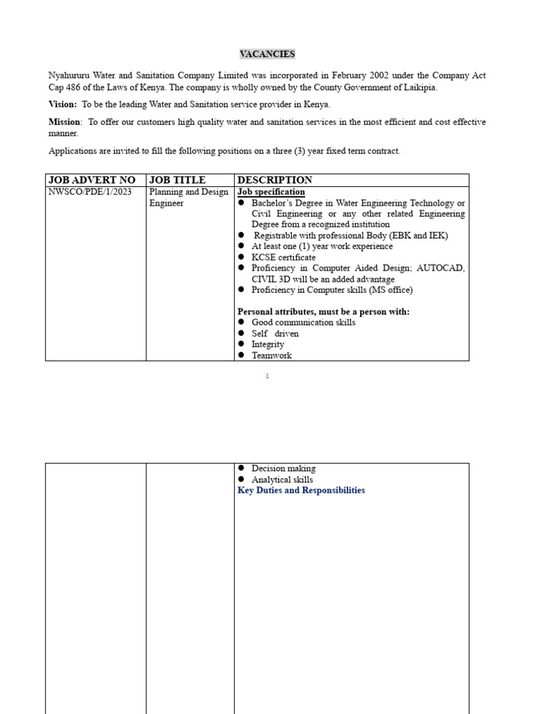 JOB_DESCRIPTIONS_AND_SPECIFICATIONS | PDF | Water Quality | Procurement