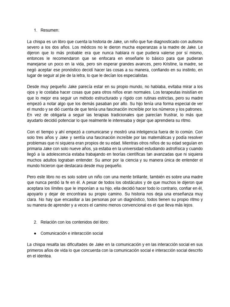La chispa, libro de lectura sobre un niño con autismo | PDF | Autismo | Comunicación