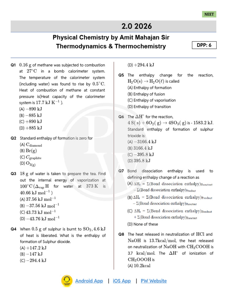 Thermodynamics and Thermochemistry DPP 06of Lec 09 Physical Chemistry ...