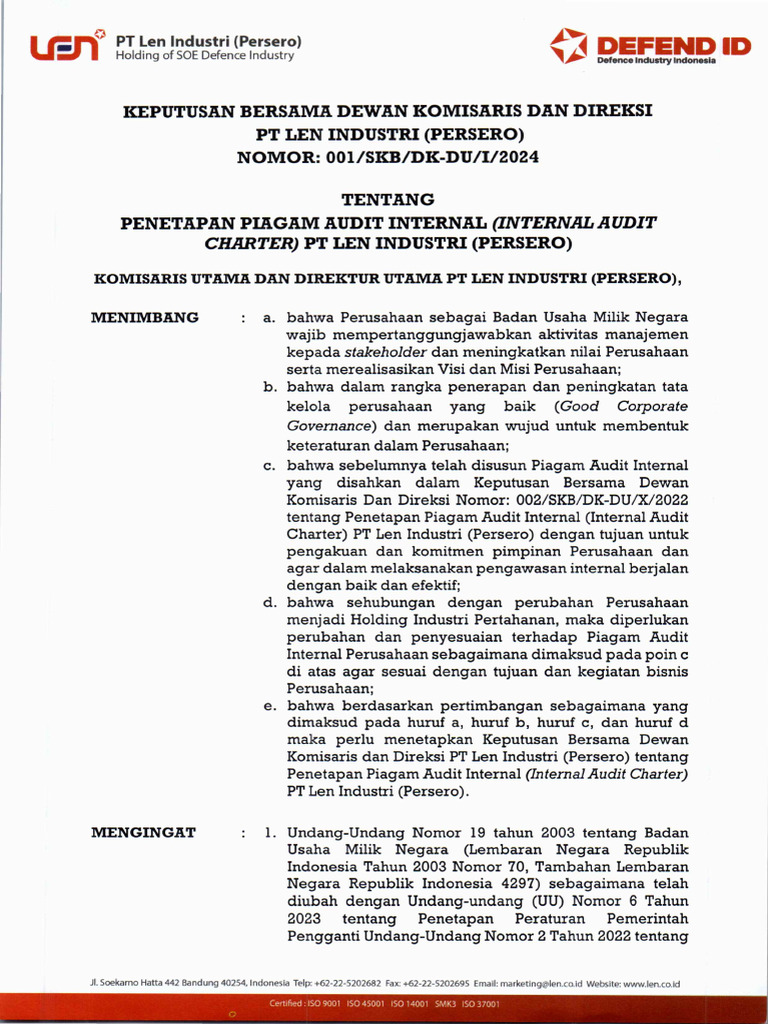 Piagam Audit Internal PT Len Industri (Persero) (Sign) | PDF